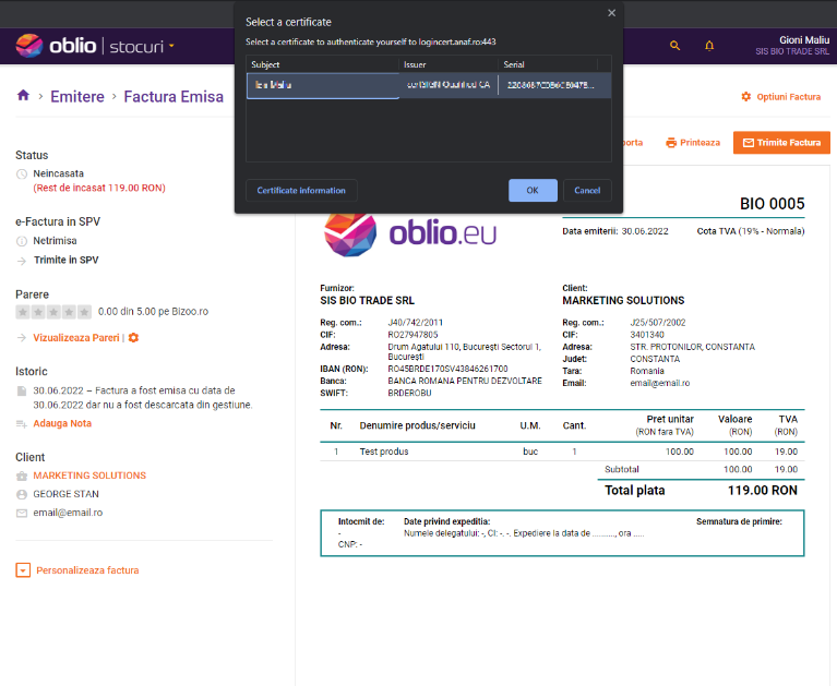 e-Factura | Integrare Oblio + e-Factura